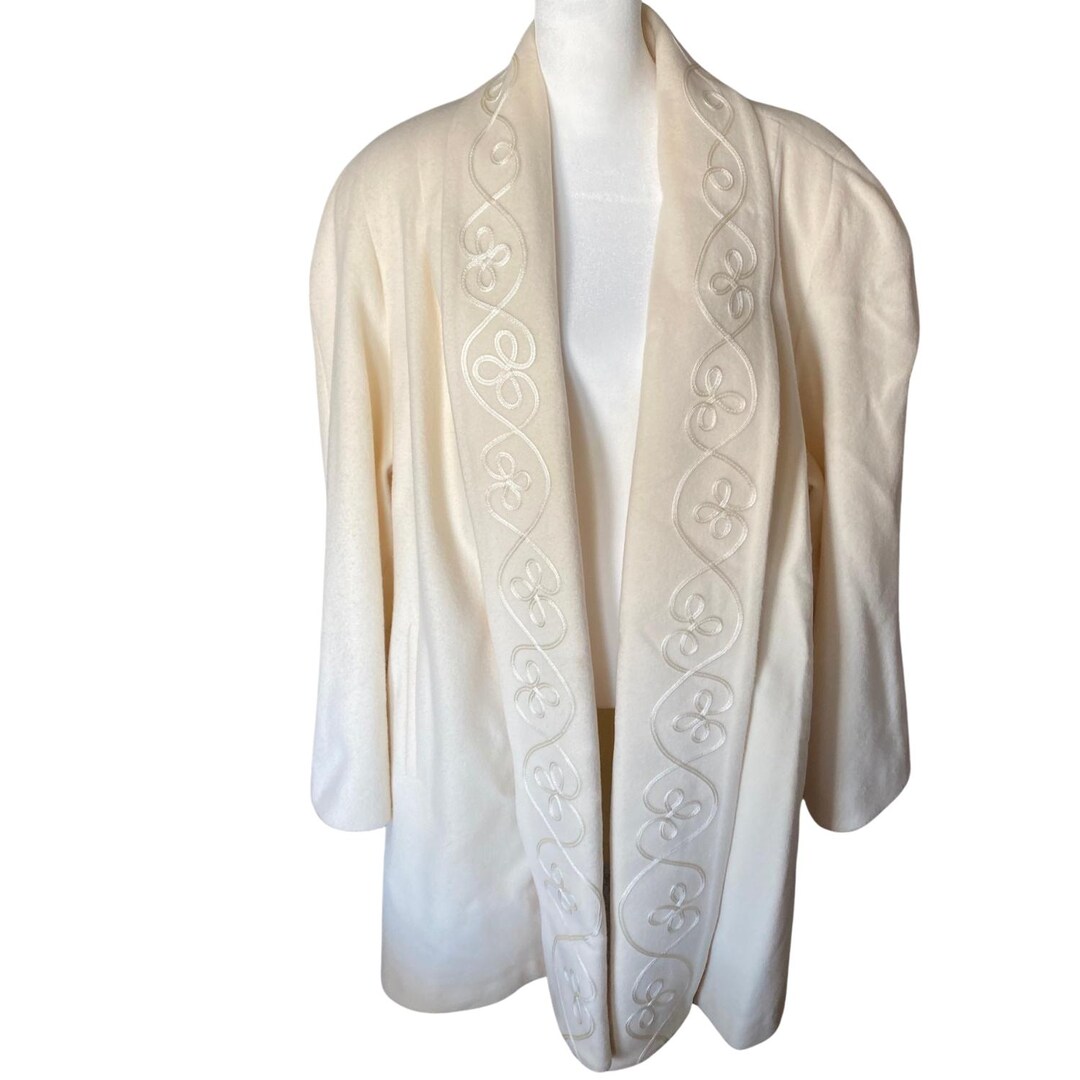 Vintage Alorna Ivory Wool Blend Open Front Jacket With Embroidered Trim ...