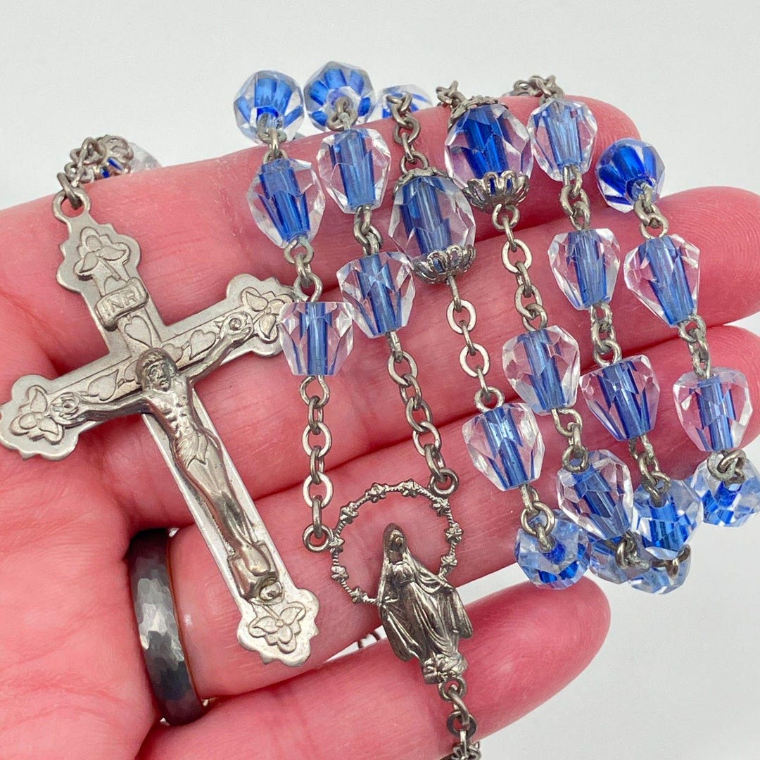 Vintage Blue Crystal Rosary Beads With Ornate Crucifix & Virgin Mary ...