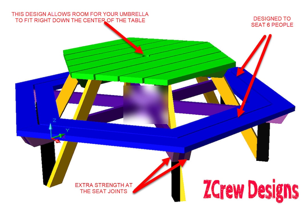 Hexagon Picnic Table With Umbrella Opening Design Plans (digital Files ...