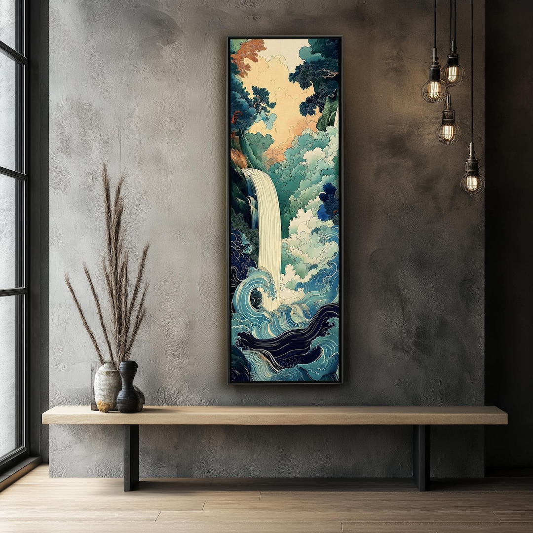 Hokusai Ukiyo-e Japanese Waterfall Wall Art, Long Narrow Japandi Print ...