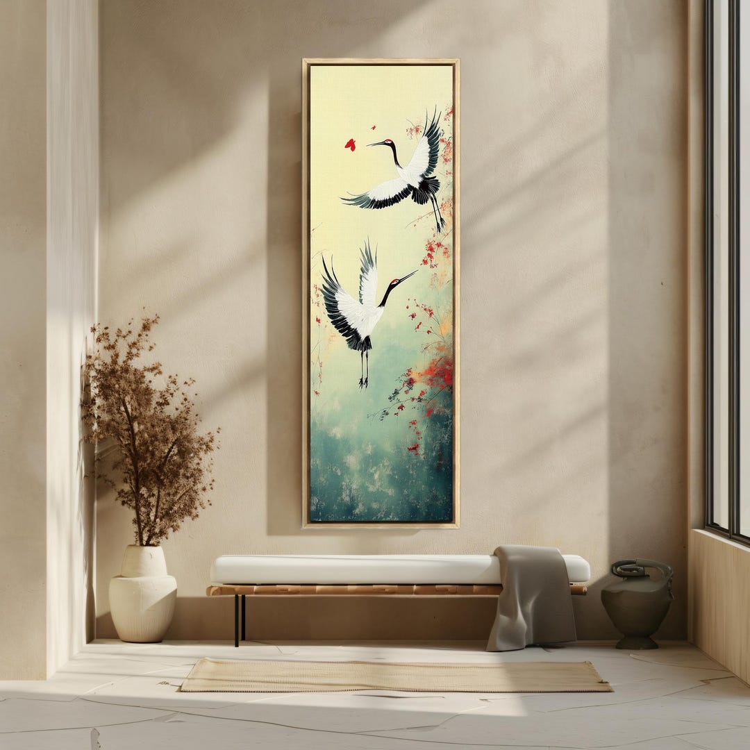 Flying Cranes Japandi Print, Panoramic Vintage Japanese Style Artwork ...