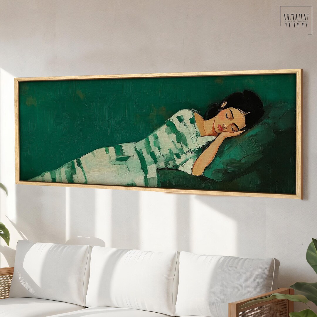 Emerald Green Woman Sleeping Large Framed Canvas Wall Art, Contemporary ...