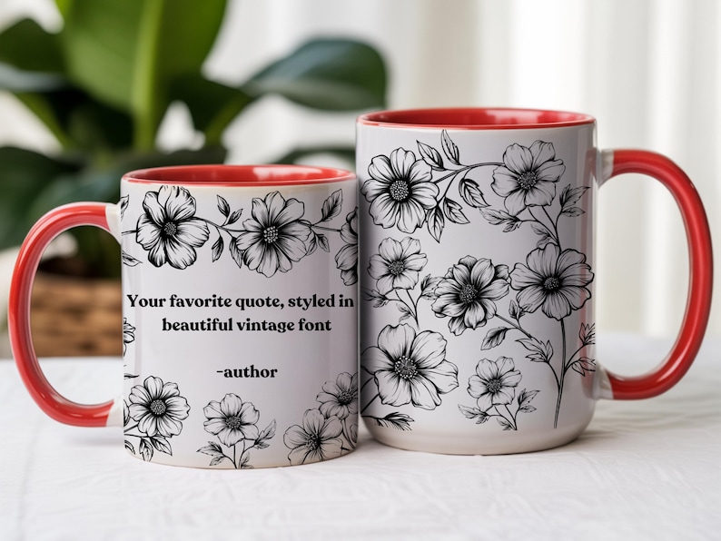 Personalized Book Quote Mug - Linocut Peonies Ceramic Coffee Cup ...