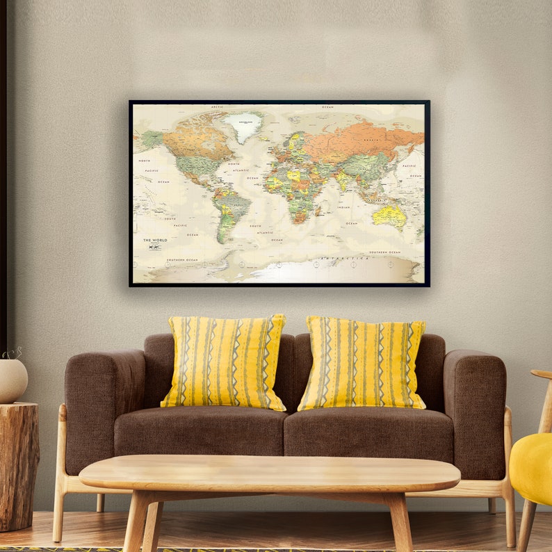 Classic Beige Ocean World Wall Map Poster , Antique Style Detailed ...