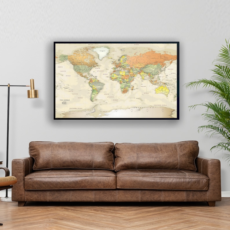 Classic Beige Ocean World Wall Map Poster , Antique Style Detailed ...