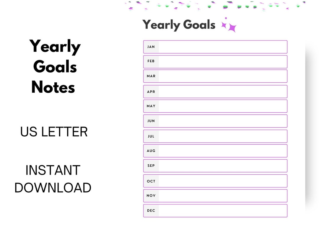 Yearly Goals Notes Planner Tracker Printable Digital Instant Download ...