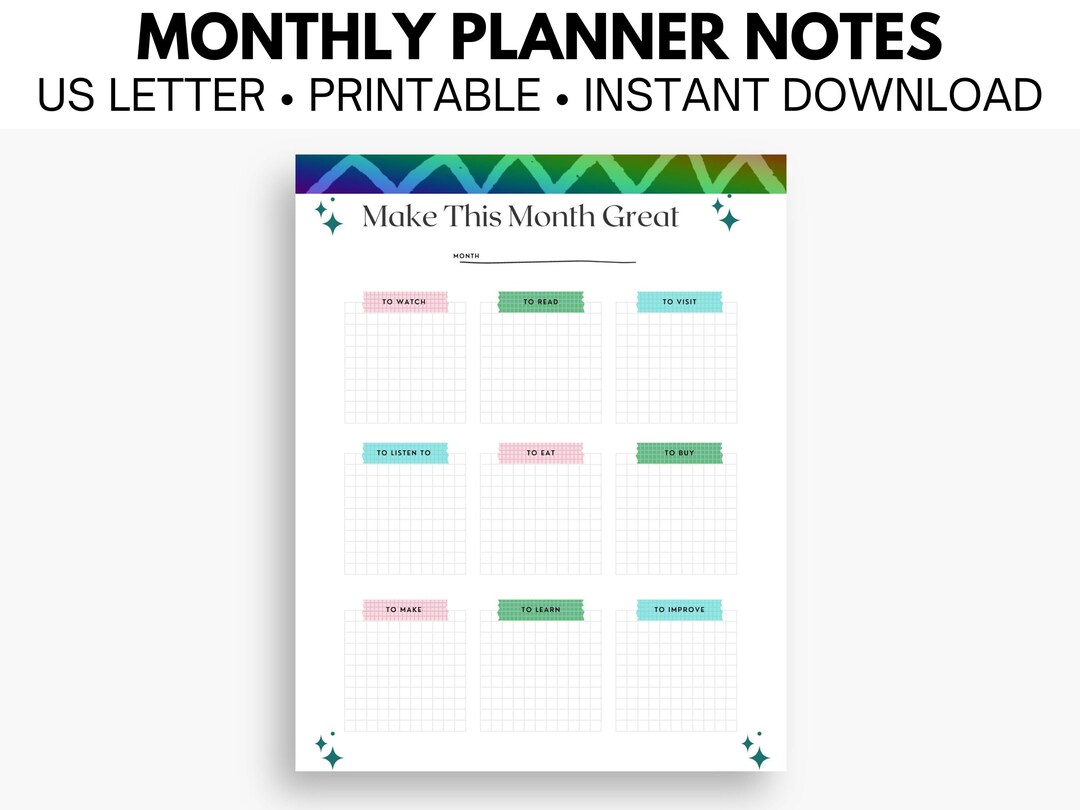 Monthly Planner Notes Printable Digital Instant Download - Etsy