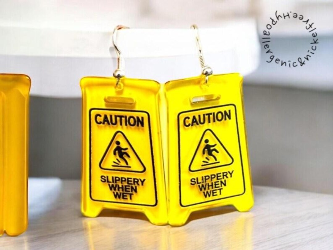 Acrylic Caution Slippery When Wet Sign Dangle Earrings, Raunchy ...
