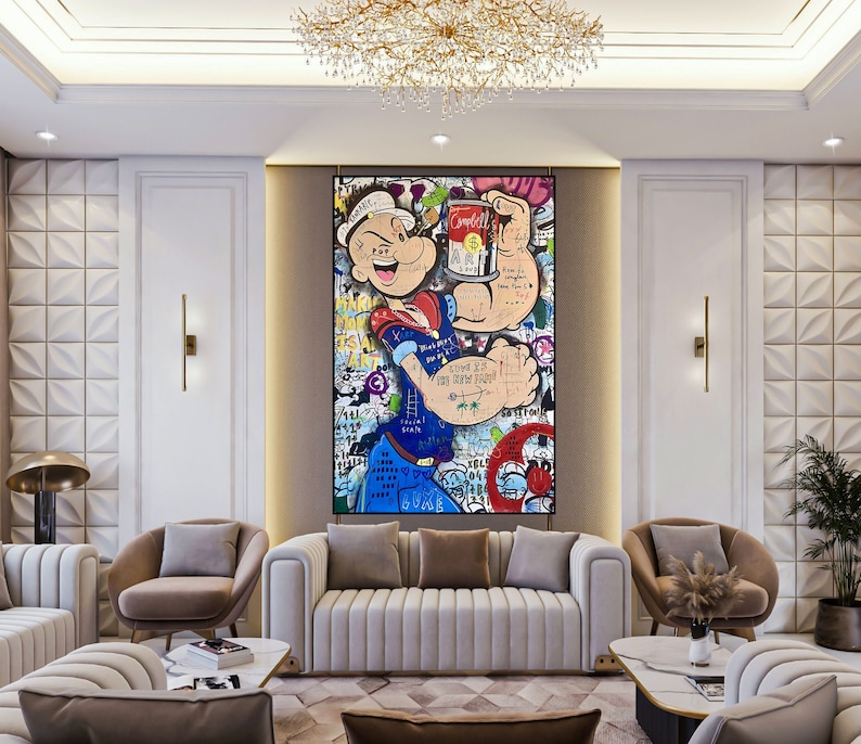 Banksy Popeye Graffiti Canvas Decor, 100% Hand Painted, Colorful, Pop ...