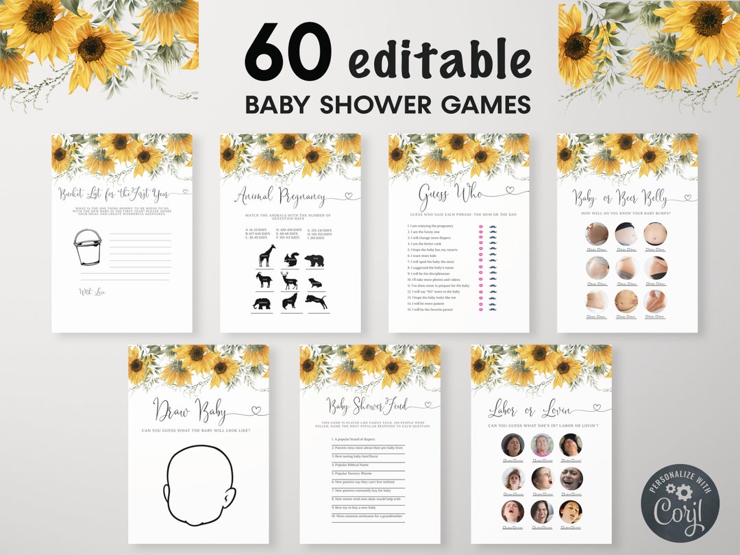 60 Editable Sunflower Baby Shower Games Bundle, Girl Sunflower Baby ...
