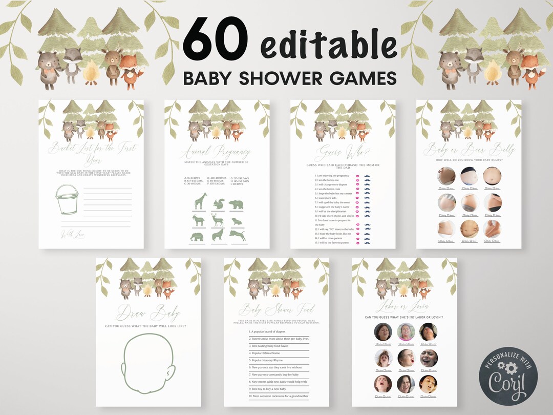 Editable Woodland Baby Shower Games Bundle, Woodland Animals Game Pack ...