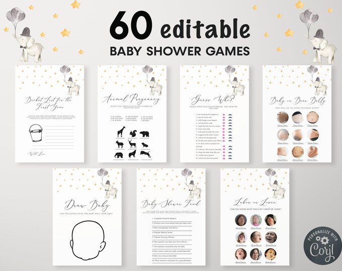 Blue Elephant Baby Shower Game Package, Printable Elephant Baby Shower ...
