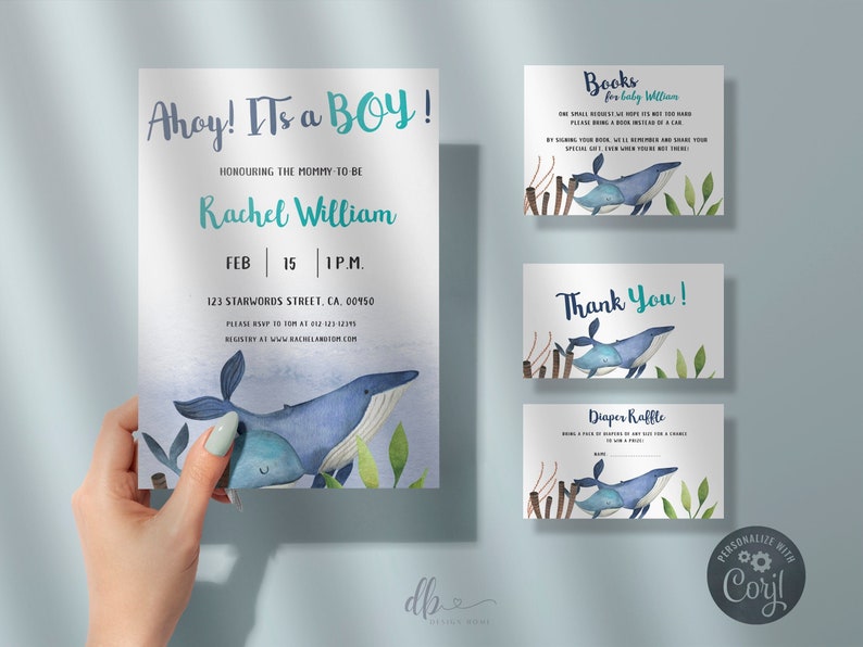 Editable Aquatic Underwater Baby Shower Digital Invitation Bundle ...