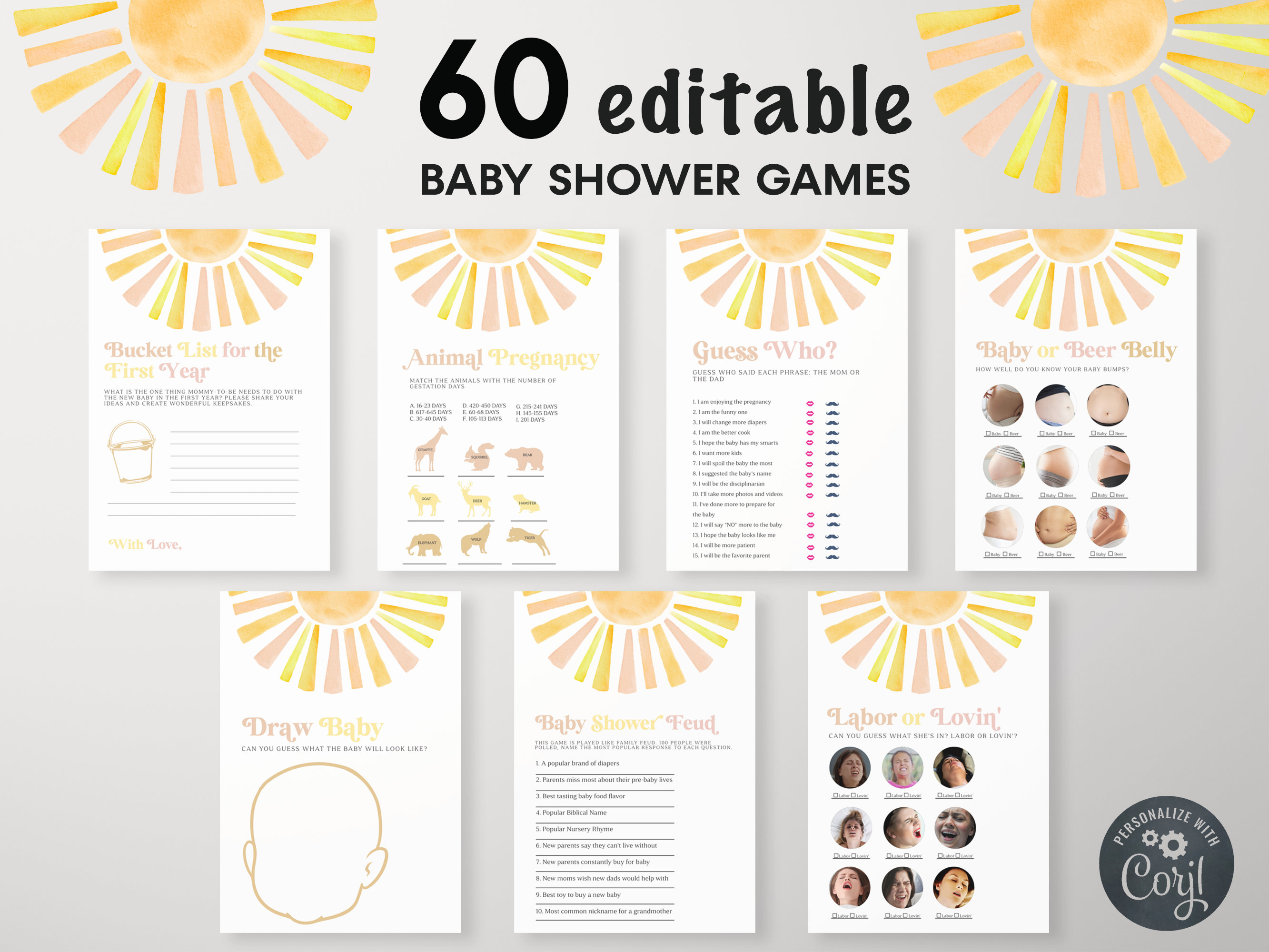 Editable Sunshine Baby Shower Games Bundle, Coed Baby Shower Games ...