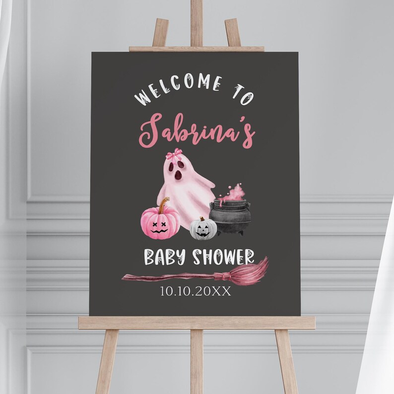 Editable Oh Sheet It's a Ghoul Baby Shower Welcome Sign, Pink Halloween ...