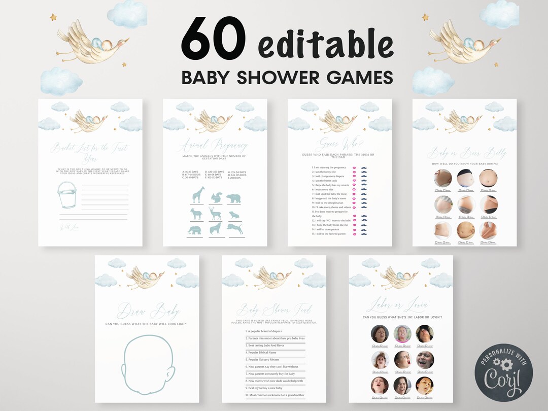 Editable 60 Stork Baby Shower Games Bundle for Baby Boy, Special ...