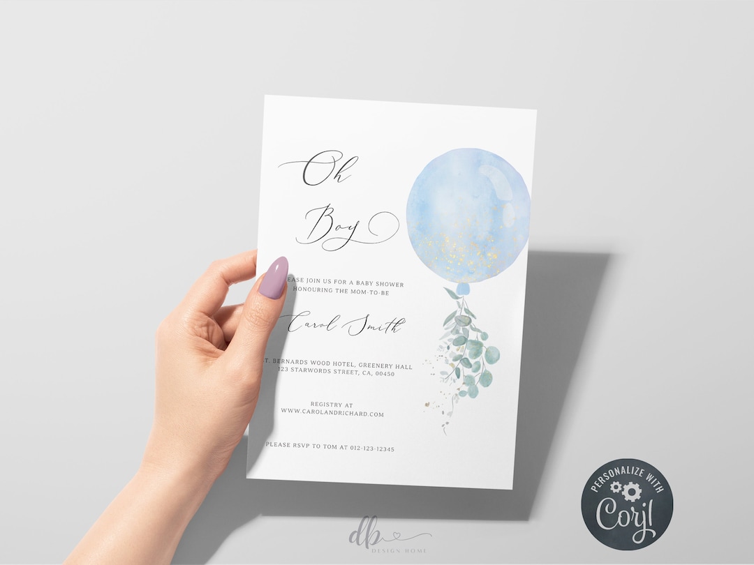 Editable Blue Balloon Invitation for a Minimalistic Baby Shower, Oh Boy ...