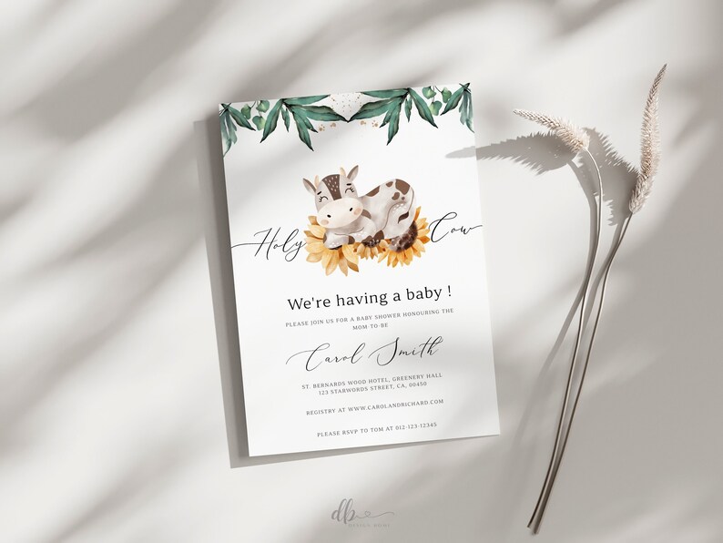 Editable Holy Cow Baby Shower Invitation Bundle, Sunflower Cow Baby ...