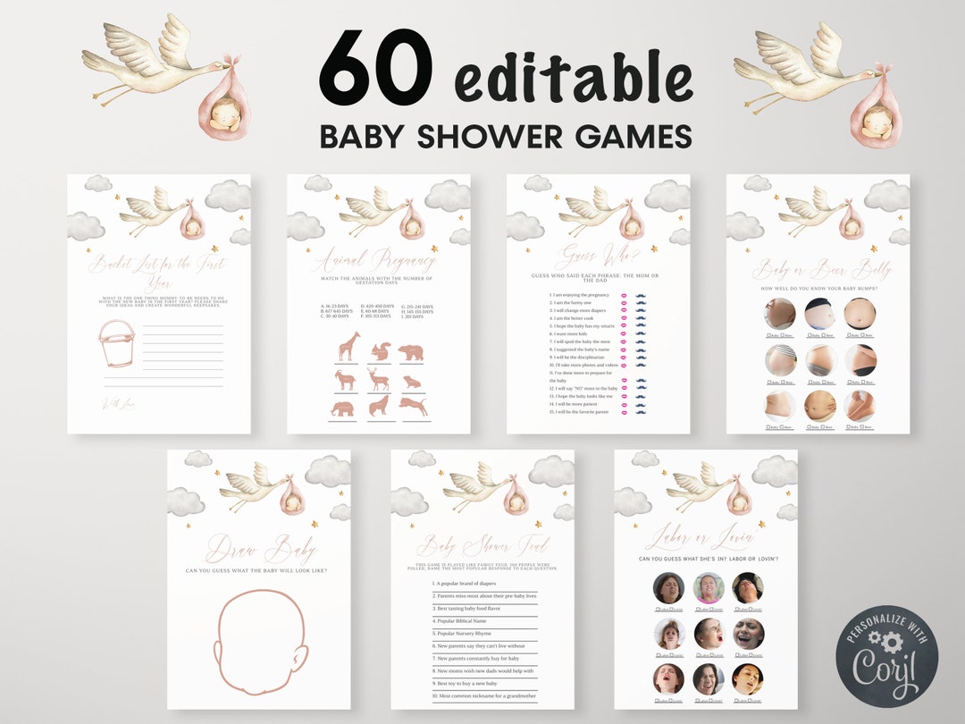 Editable 60 Stork Baby Shower Games Bundle for Baby Girl - Etsy