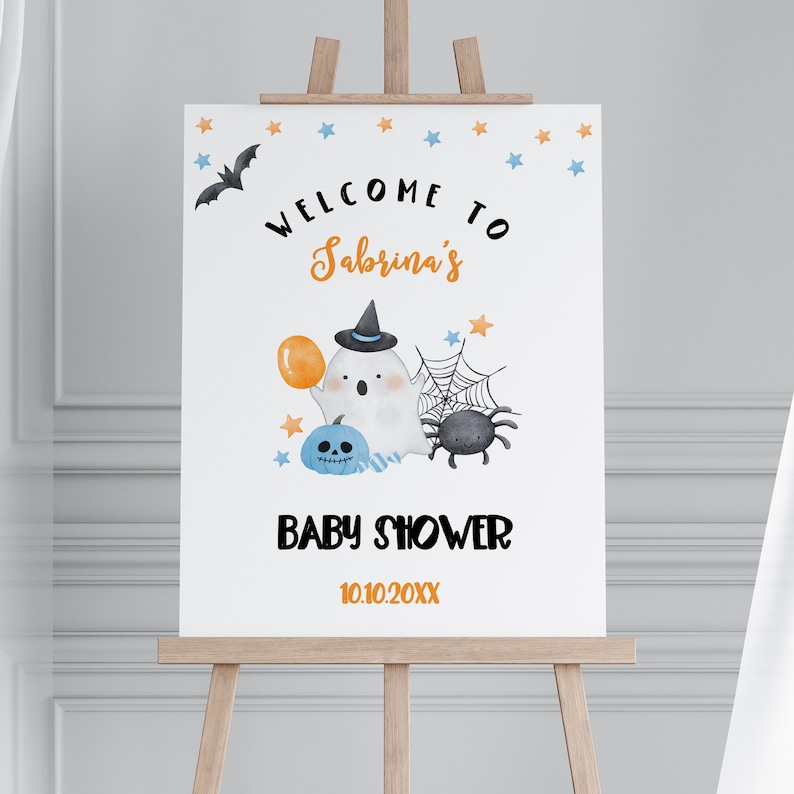 Letrero de bienvenida editable "A Little Boo" en azul para baby shower ...