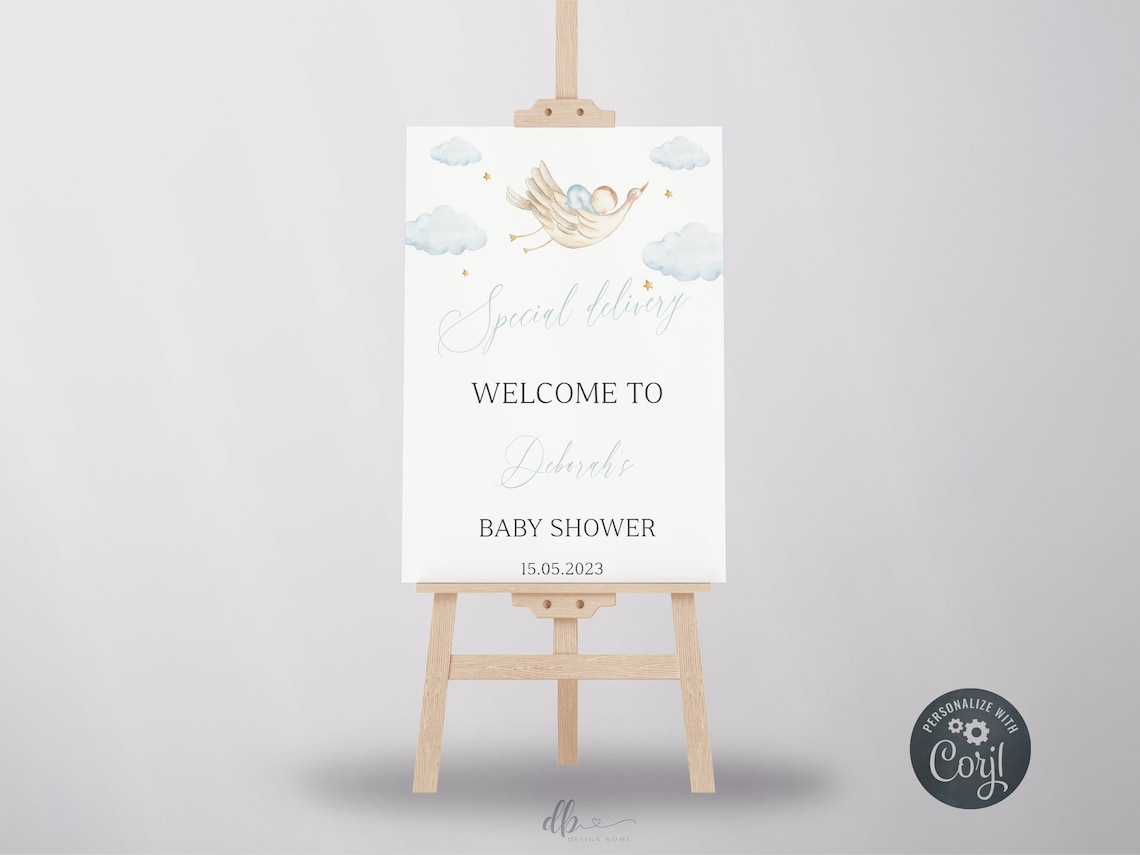 Editable Boy Stork Baby Shower Welcome Sign, Special Delivery Baby ...