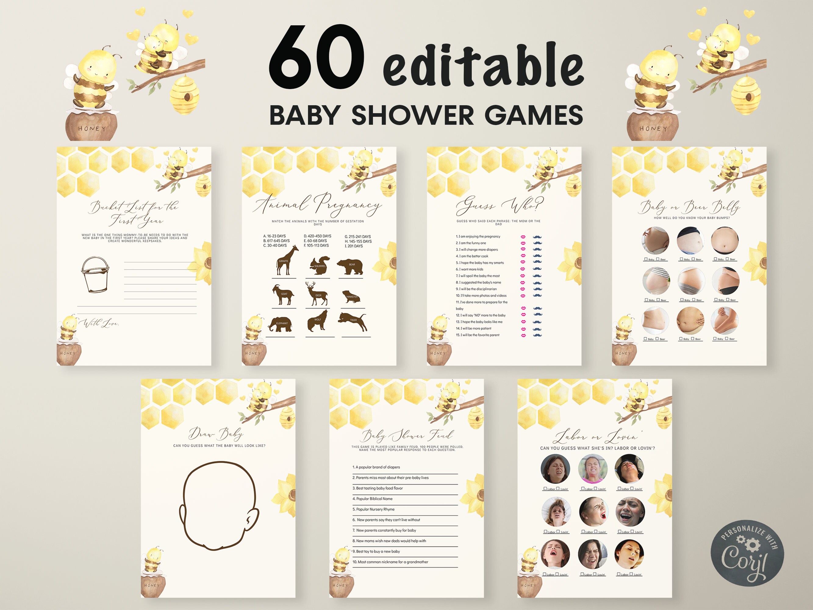 Editable Honey Bee Baby Shower Games Bundle of 60, Coed Baby Shower ...