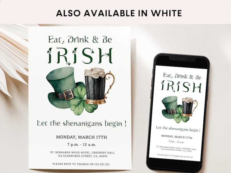 Editable Eat Drink & Be Irish St Patrick's Day Invitation Template ...