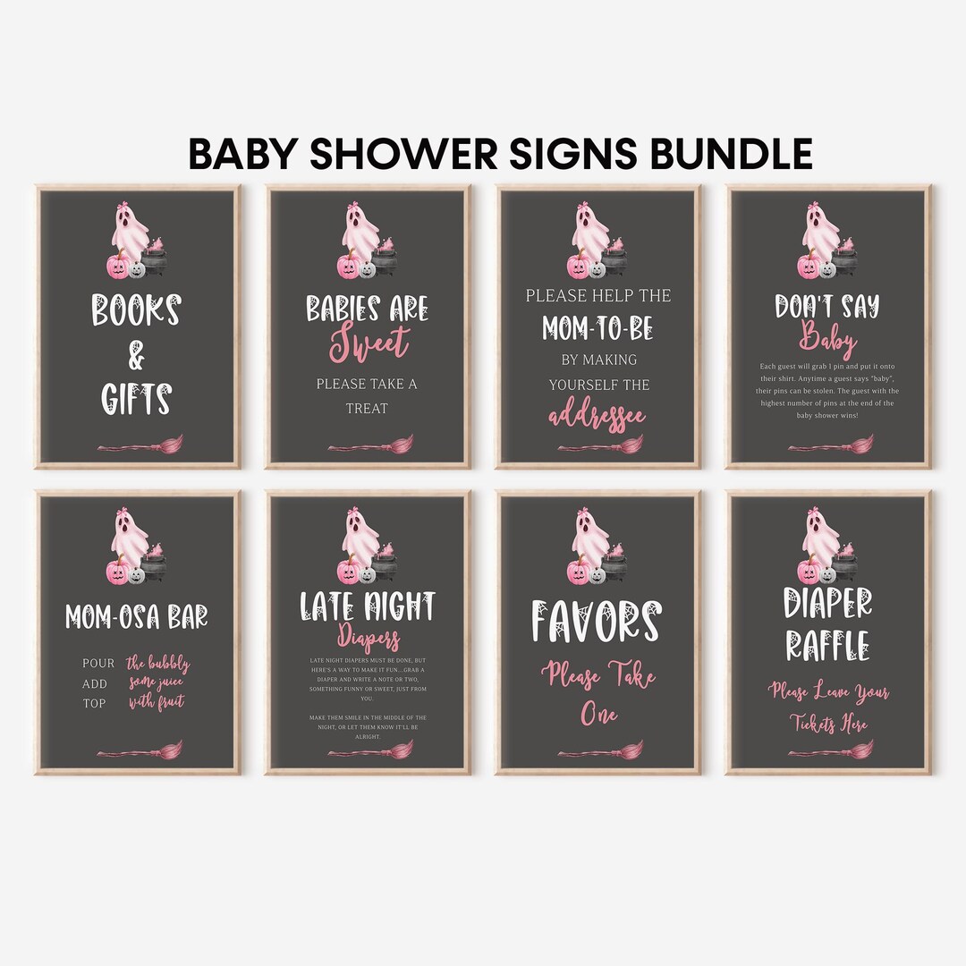 Oh Sheet Its a Ghoul Baby Shower Signs Bundle of 8, Pink Halloween Baby ...