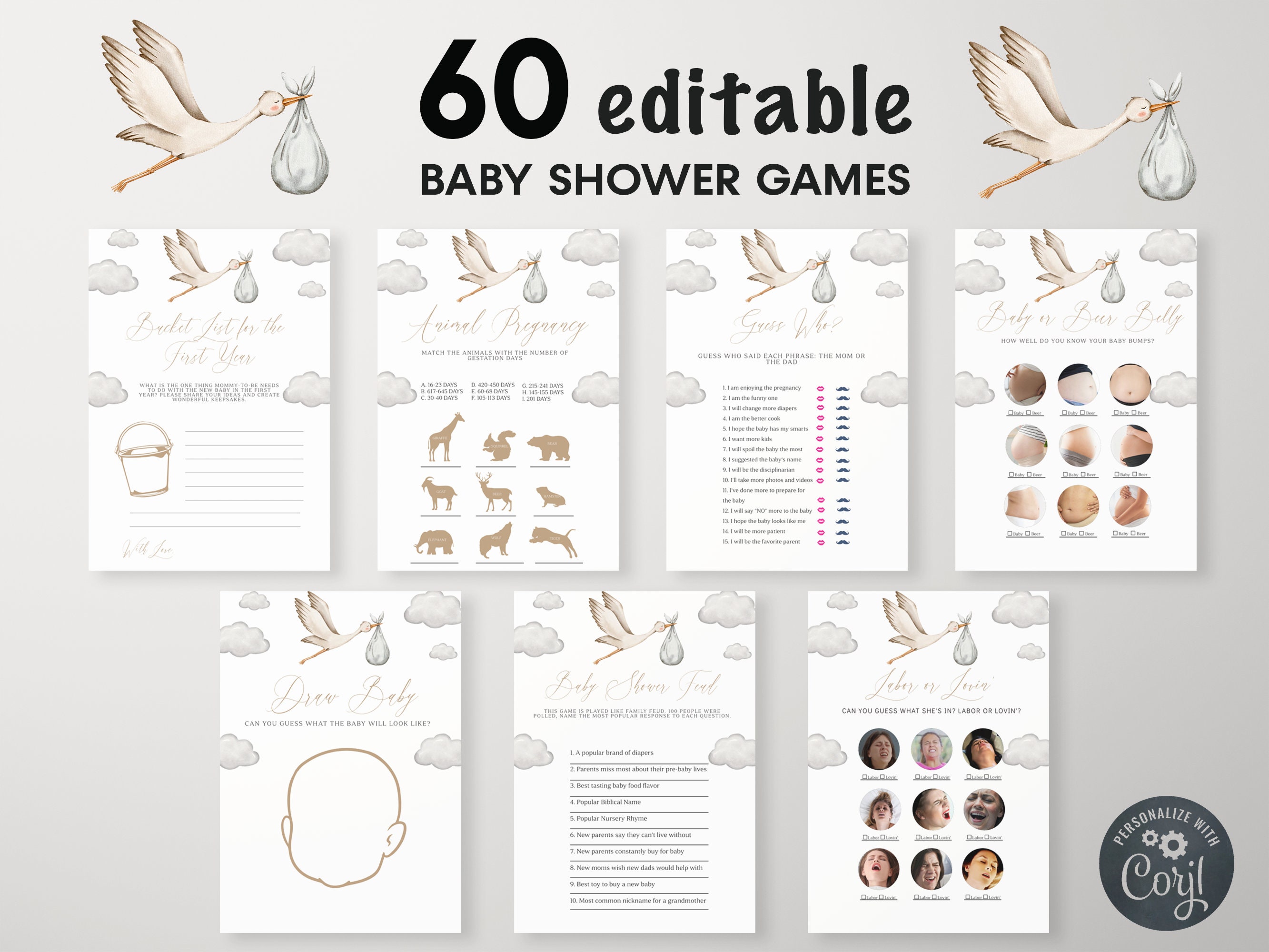 60 Printable Stork Baby Shower Games Bundle, Special Delivery Baby ...