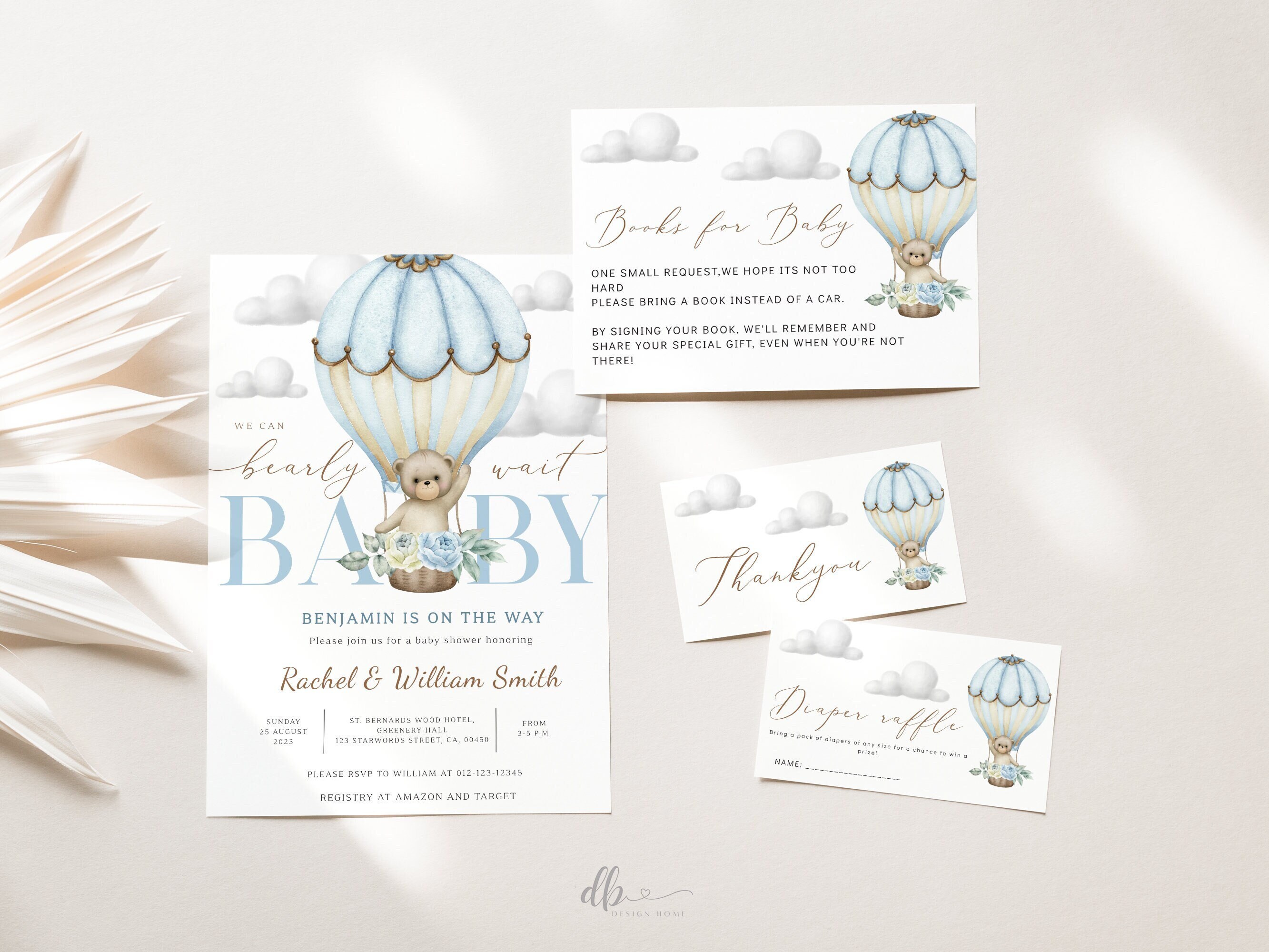 Editable Teddy Bear Hot Air Balloon Invitation Bundle, Bear Theme Baby ...