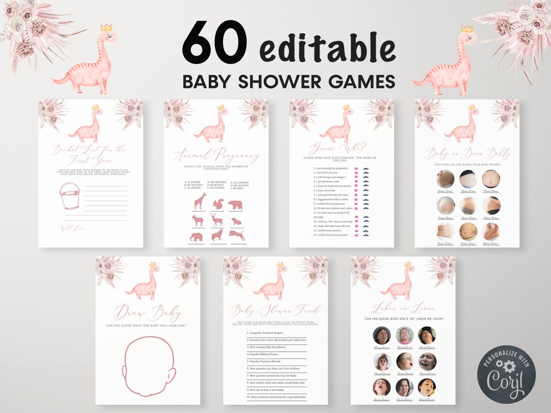 Editable It's a Girl Dinosaur Boho Baby Shower Games Bundle, Pink ...