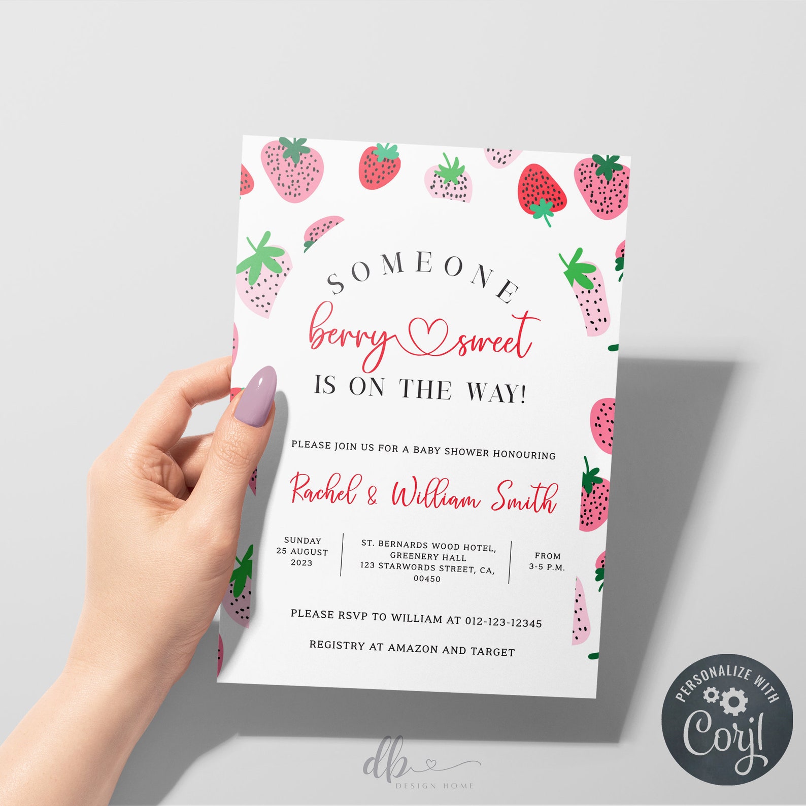 Editable Berry Sweet Baby Shower Invitation, Strawberry Baby Shower ...