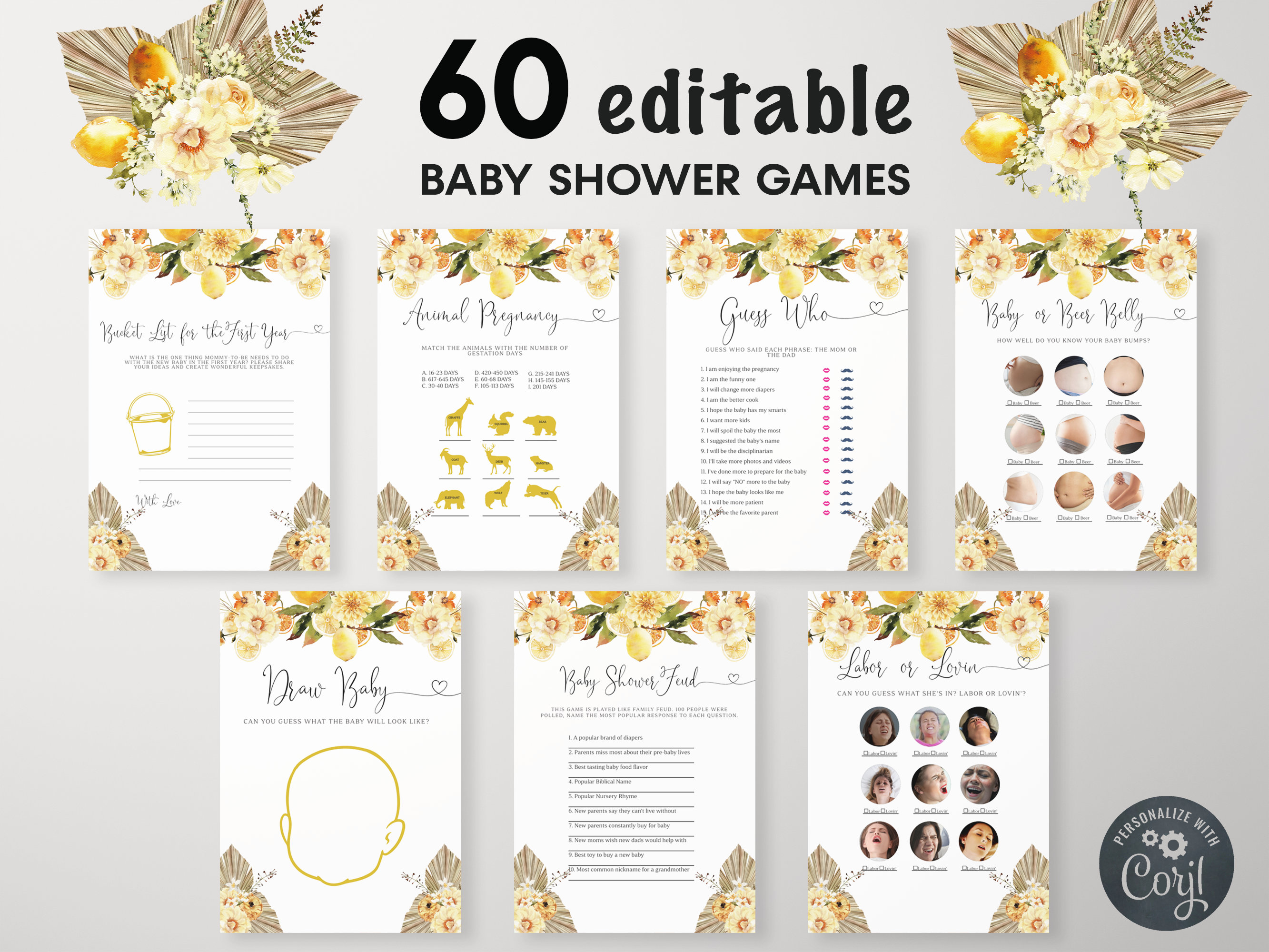 Editable Boho Lemon Citrus Florals Games Bundle, Little Cutie Baby ...