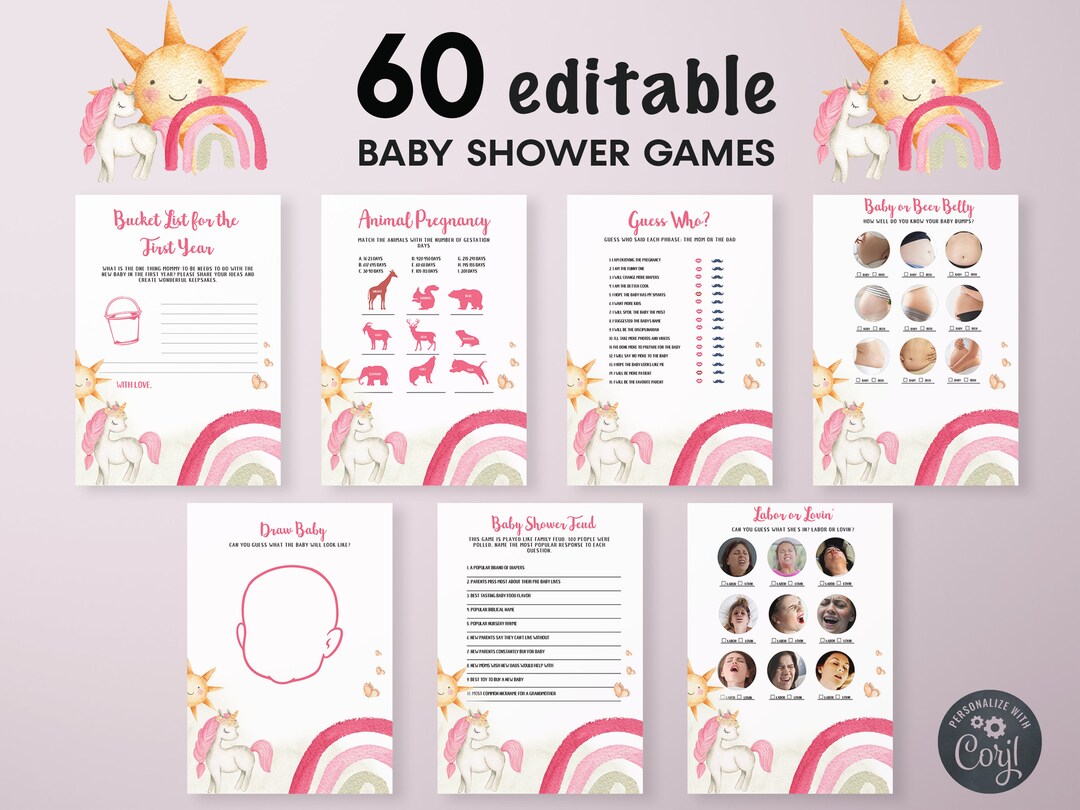Unicorn Baby Shower Editable Games Bundle of 60, Unicorn Rainbow Shower ...