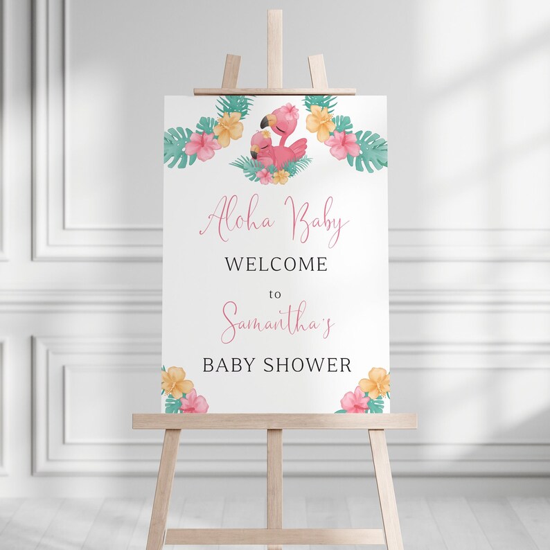 Editable Flamingo Baby Shower Welcome Poster, Tropical Baby Shower ...