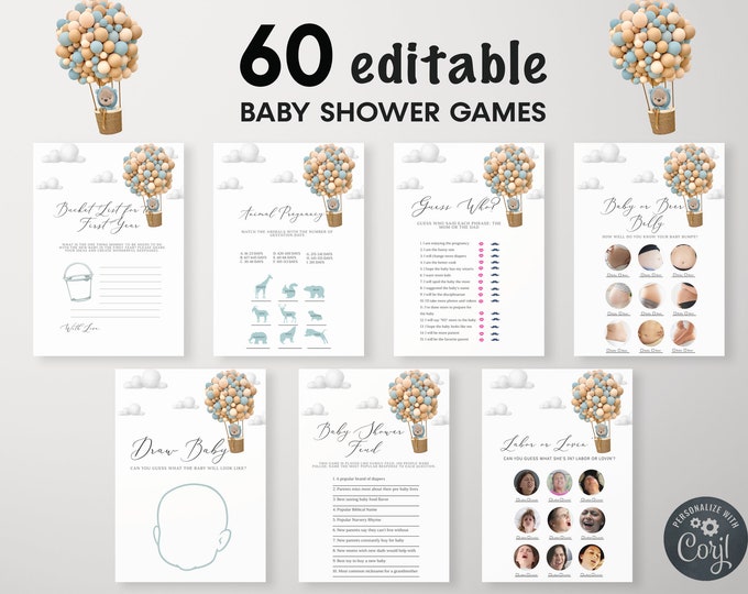 Teddy Bear Baby Shower Games Bundle Hot Air Balloon Bear Baby Shower Game We Can Bearly Wait ...