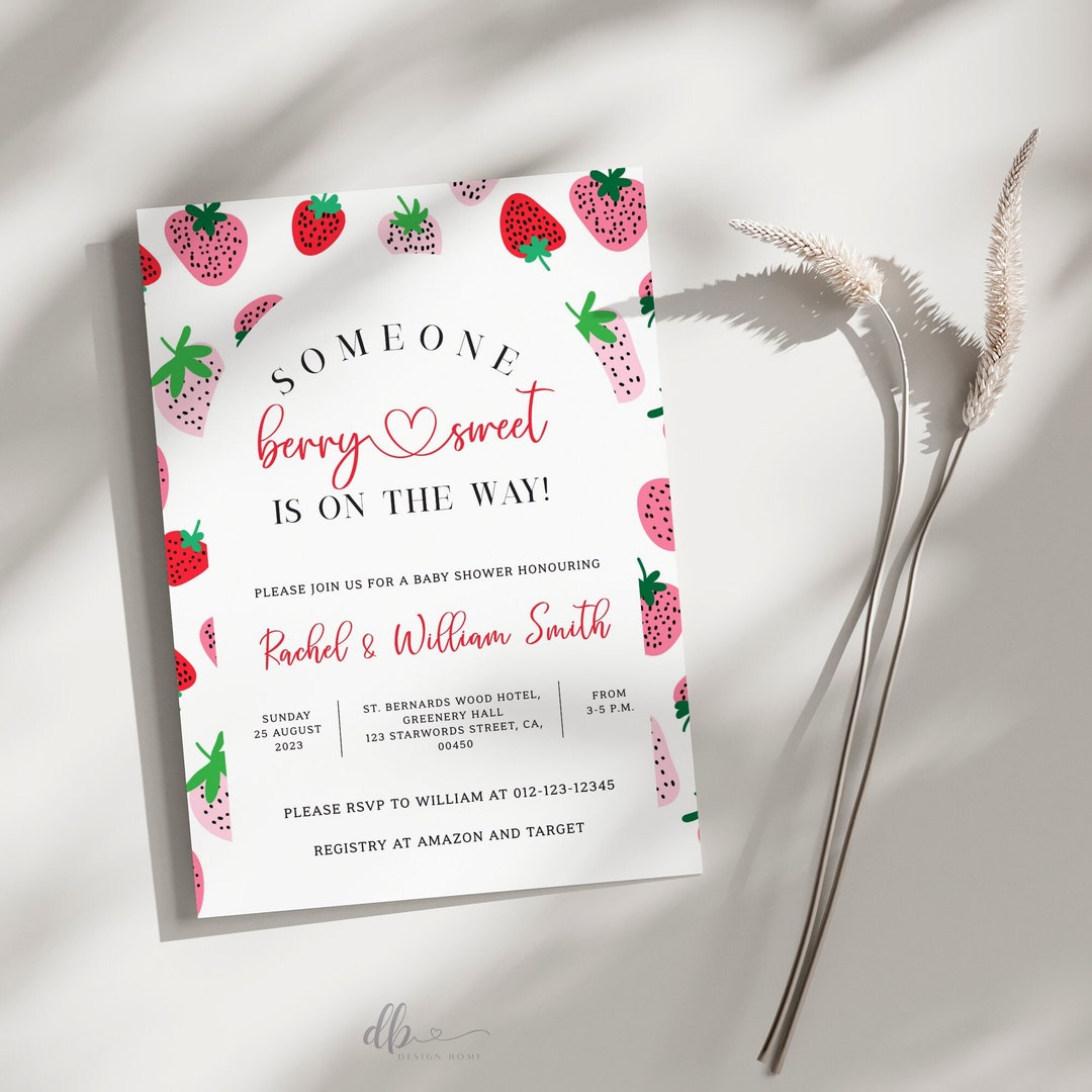 Editable Berry Sweet Baby Shower Invitation, Strawberry Baby Shower ...