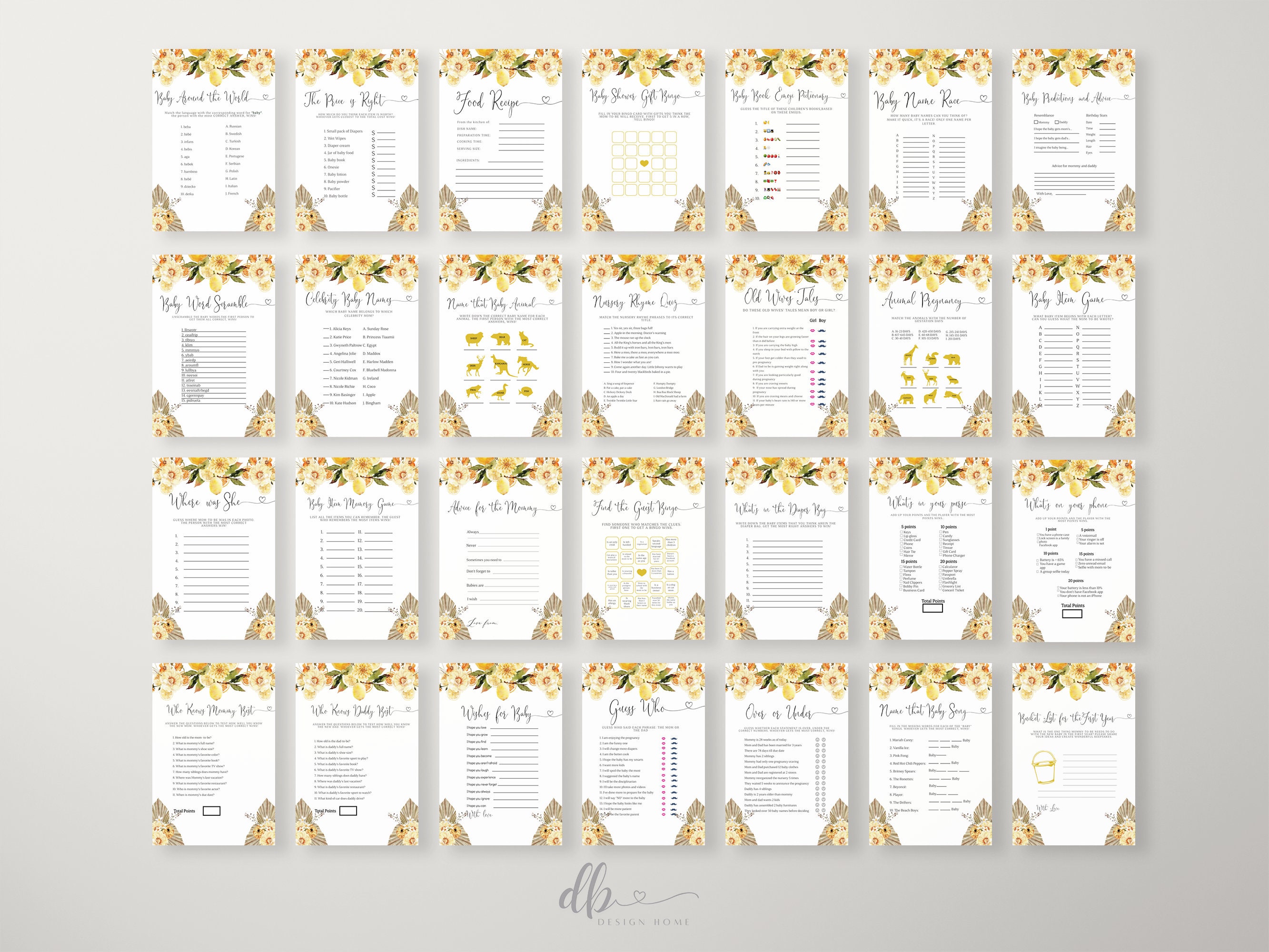 Editable Boho Lemon Citrus Florals Games Bundle, Little Cutie Baby ...