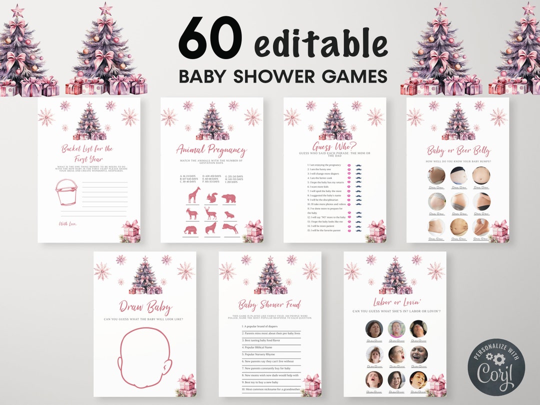 Editable 60 Christmas Tree Baby Shower Games Bundle for Baby Girl ...