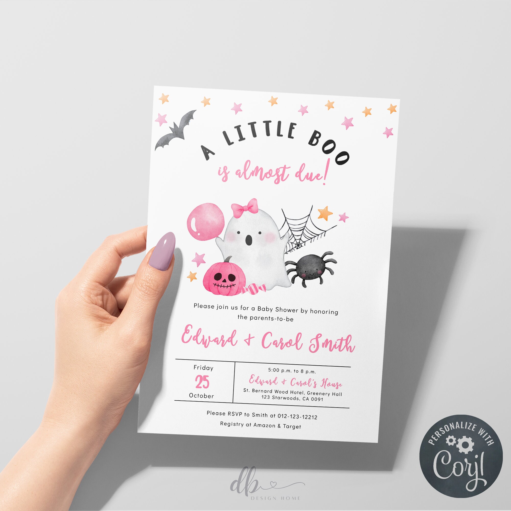 Editable Pink A Little Boo Baby Shower Invitation, Ghost Halloween Baby ...