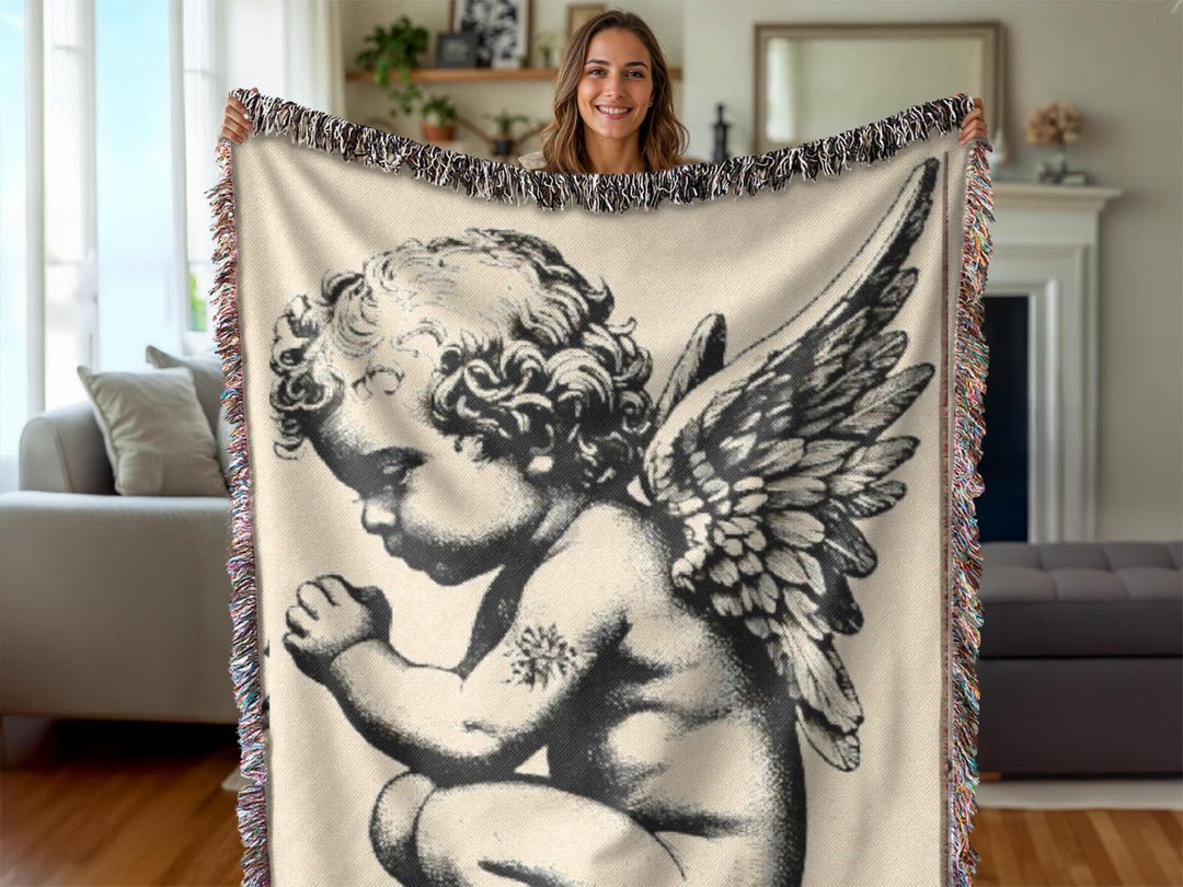 Tapestry Blanket | Black & Cream Cherub Angel Woven Throw With Fringed ...
