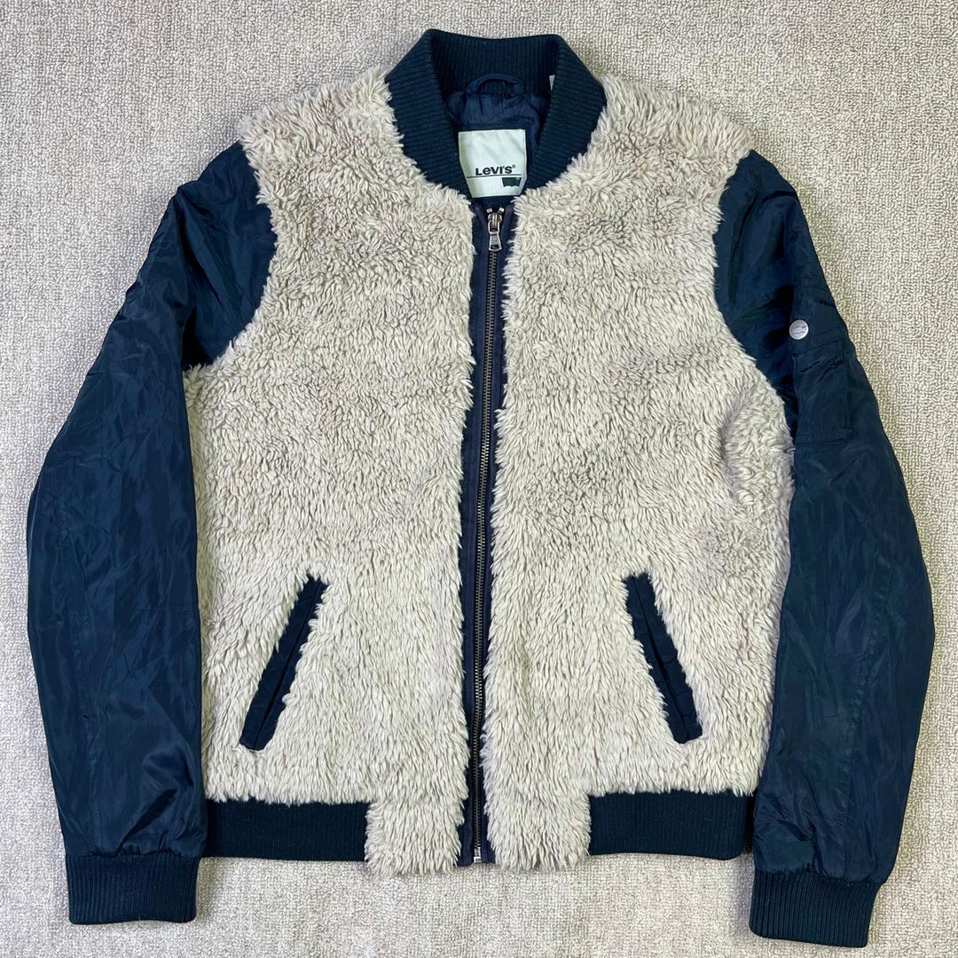 Levi's Bomber Jacket Faux Fur Fluffy Cream Blue Full Zip Womens Heavy ...