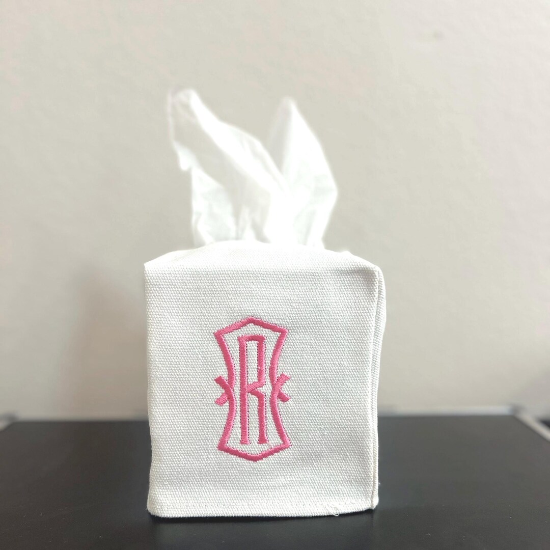 Linen Tissue Box Cover With Monogram, Monogrammed Linen Tissue Box ...
