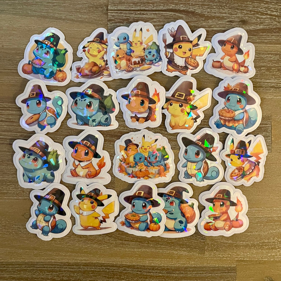 Cute Pokemon Thanksgiving Sticker Bundle of 20, Waterproof, Holographic ...