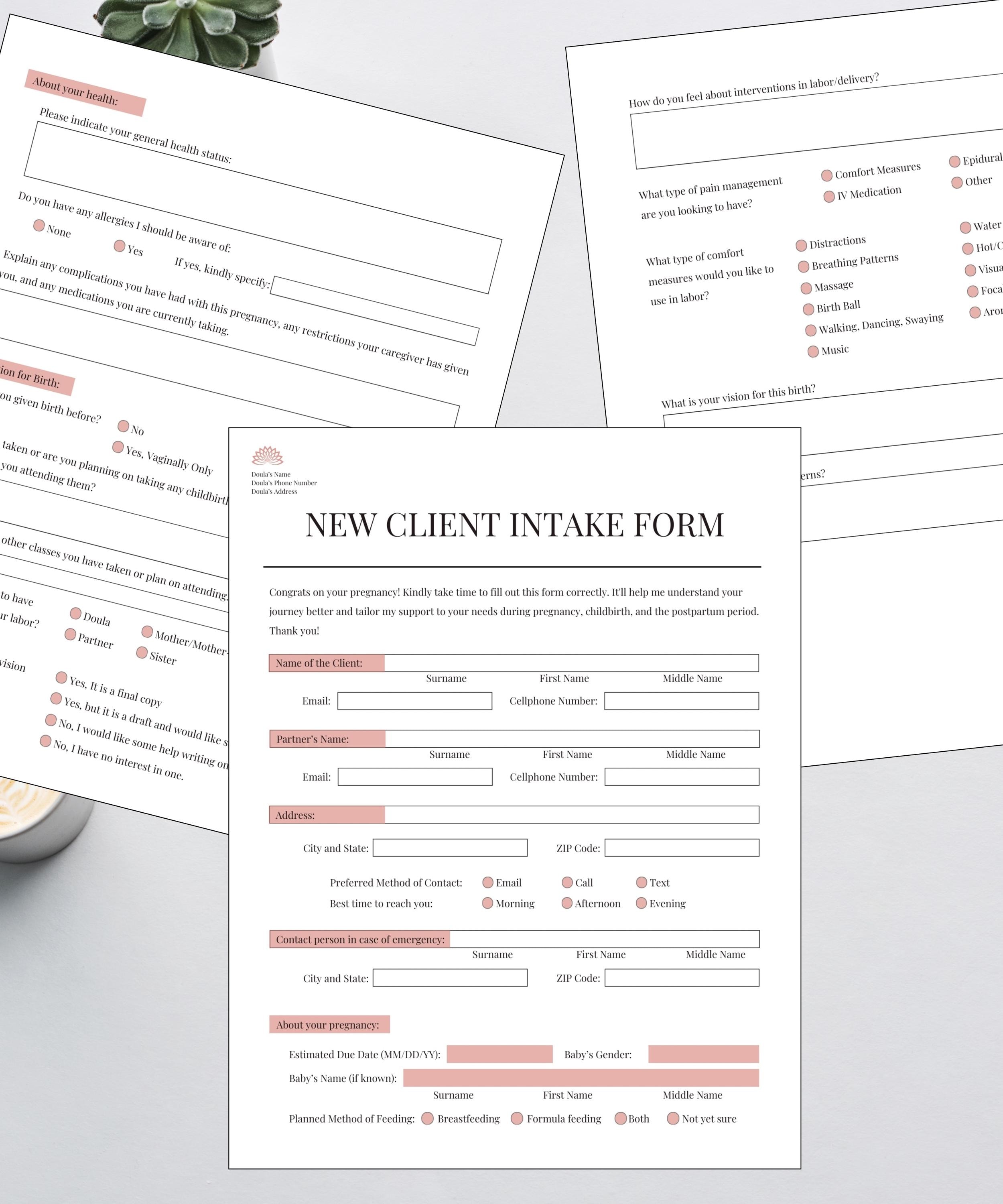 Doula Client Intake Form, New Client Form, Doula Handouts, New Client ...