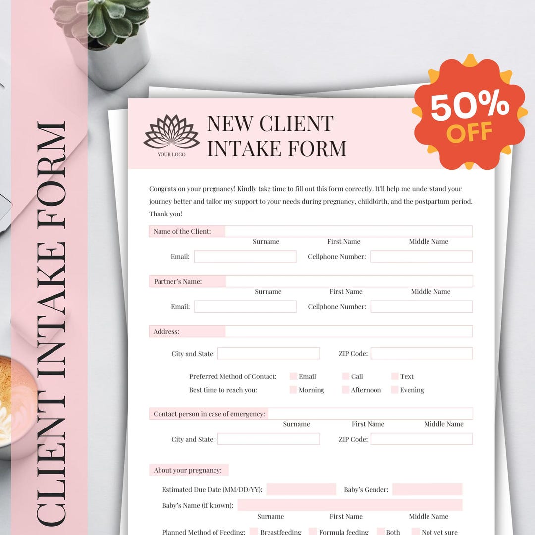 Doula Client Intake Form, New Client Form, Doula Handouts, New Client ...