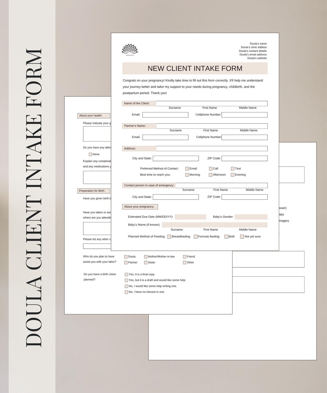 Doula Client Intake Form, New Client Form, New Client Files, Doula ...