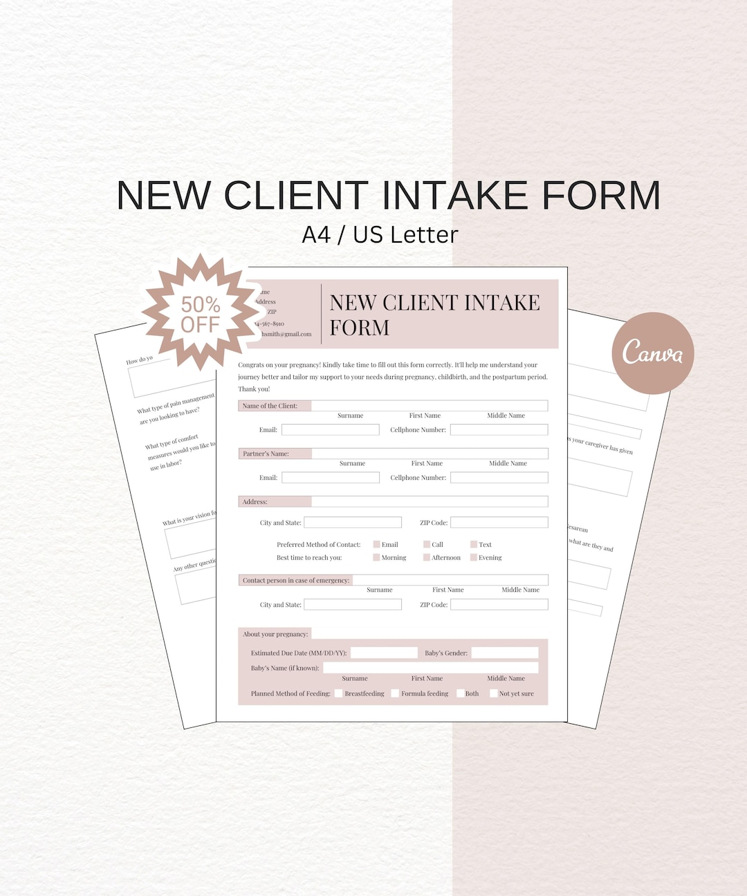 Doula Client Intake Form, New Client Intake Form, Doula Handouts, New ...