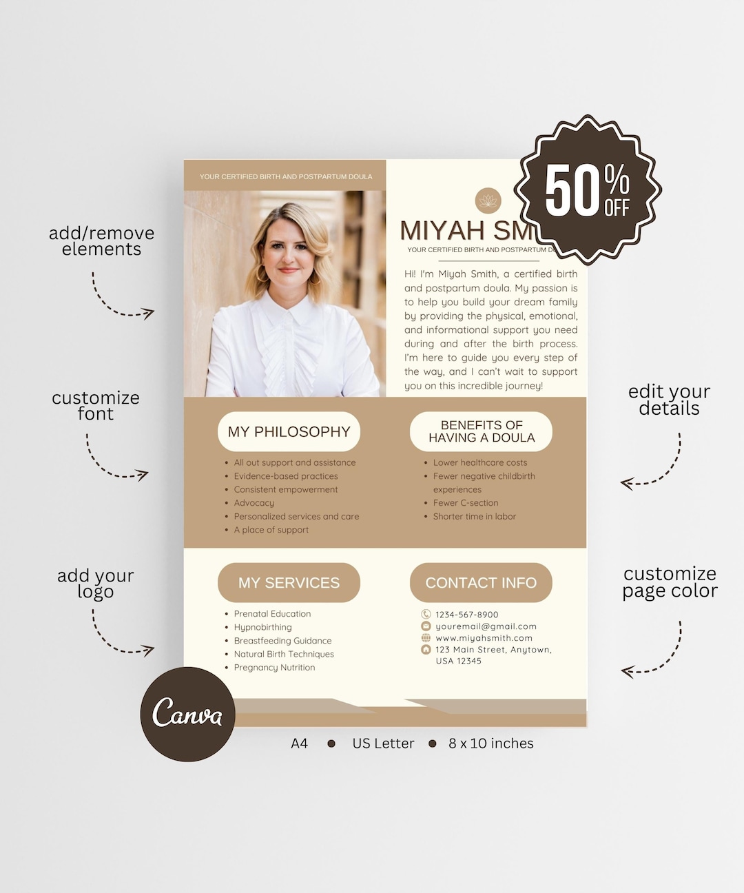 Doula Flyer Template, Doula Brochure Design, Canva Editable Doula ...