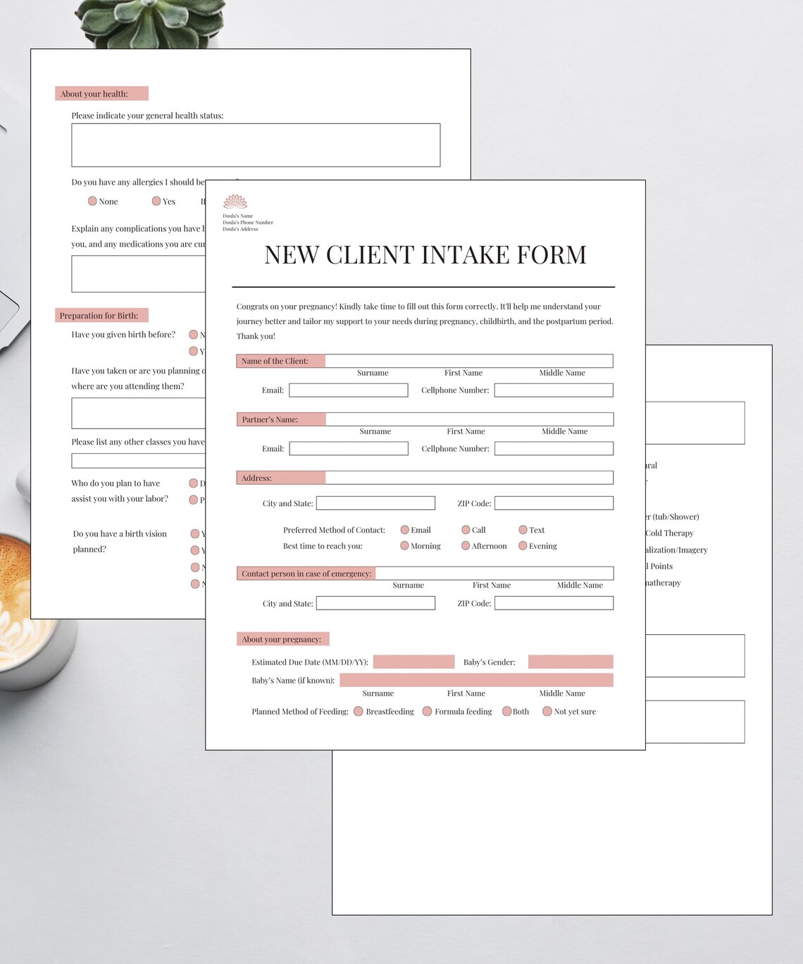 Doula Client Intake Form, New Client Form, Doula Handouts, New Client ...